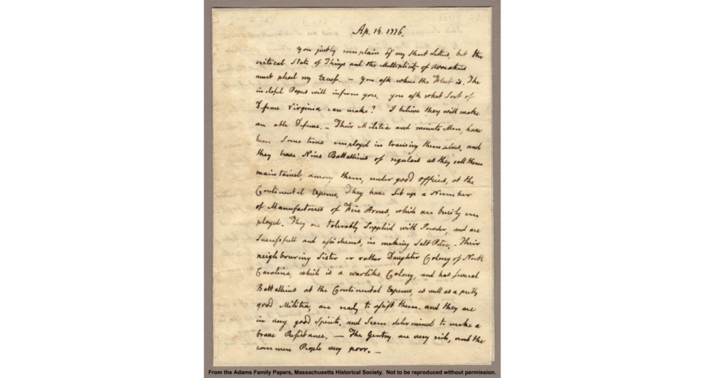 Abigail and John Adams, Letters (1776) – Knowledge for Freedom seminar